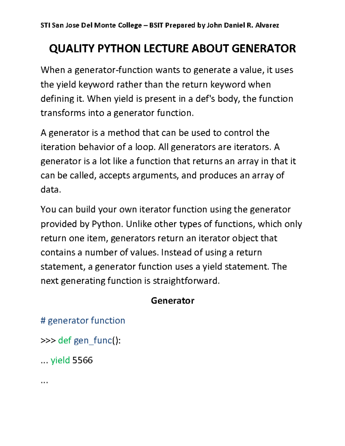 Quality Python Lecture about Generator - QUALITY PYTHON LECTURE ABOUT ...