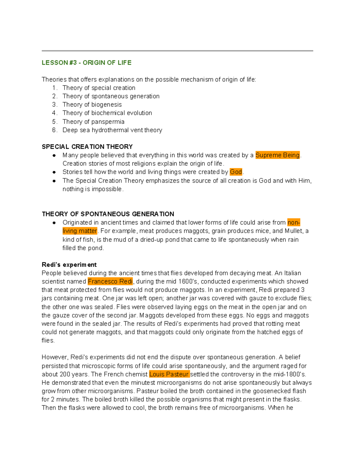 Lesson 3 - Origin OF LIFE - LESSON #3 - ORIGIN OF LIFE Theories that ...