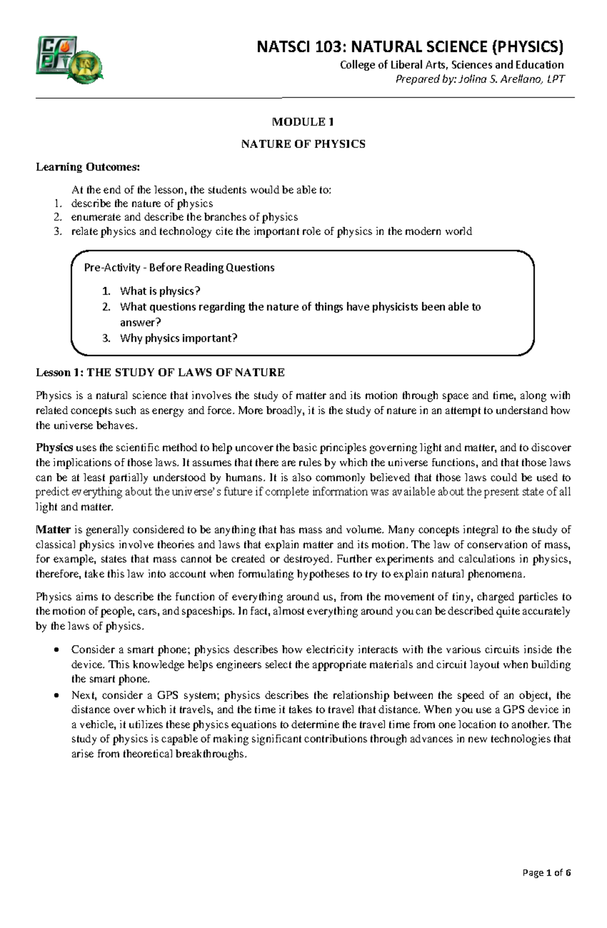 Module 1 Natsci 103 - Learning materials - College of Liberal Arts ...