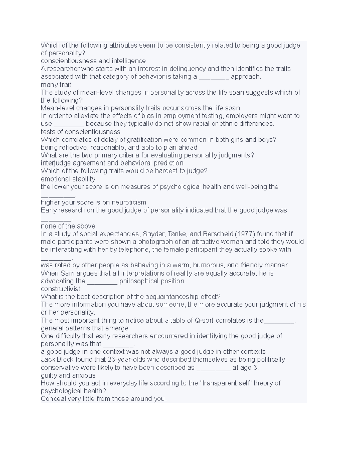 Personality psy pt 2 - test answers, vocab and study materials - Which ...