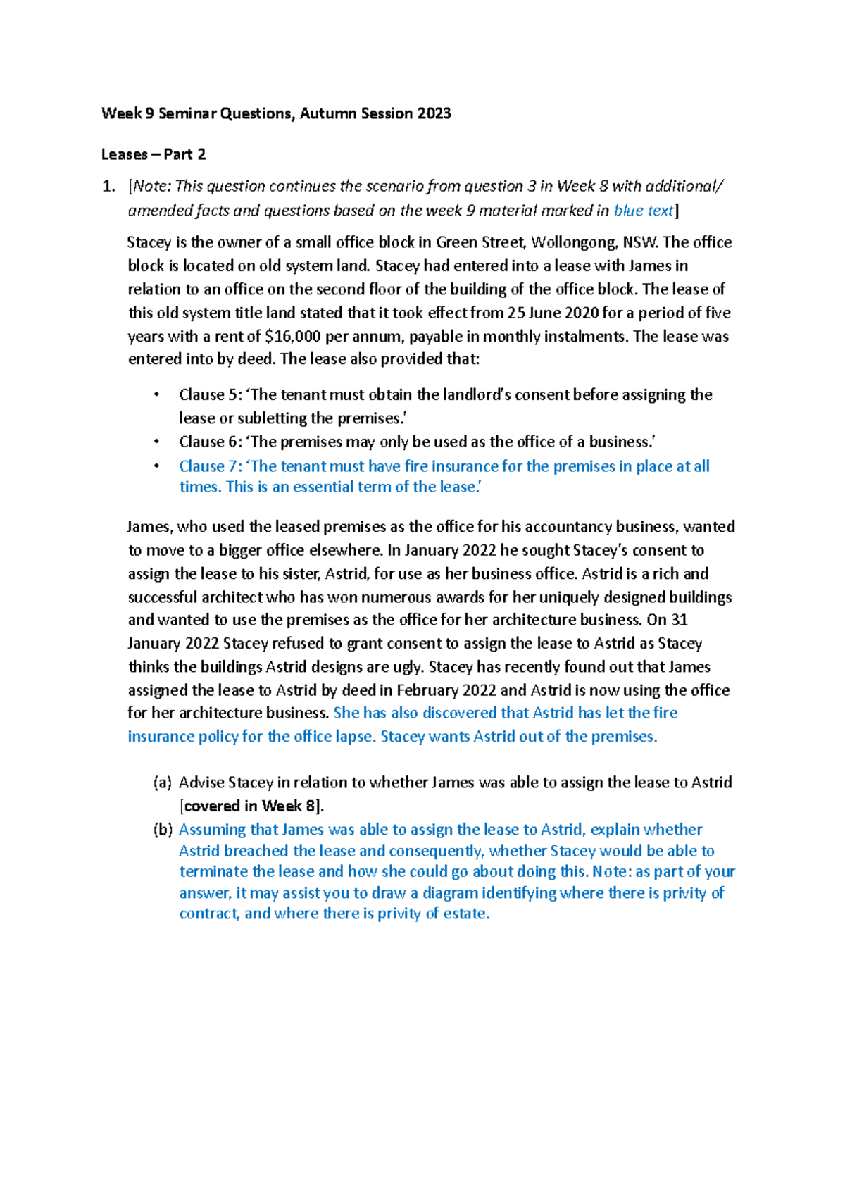 Week 8:9 PQ - Leases - Lecture notes - Week 9 Seminar Questions, Autumn ...