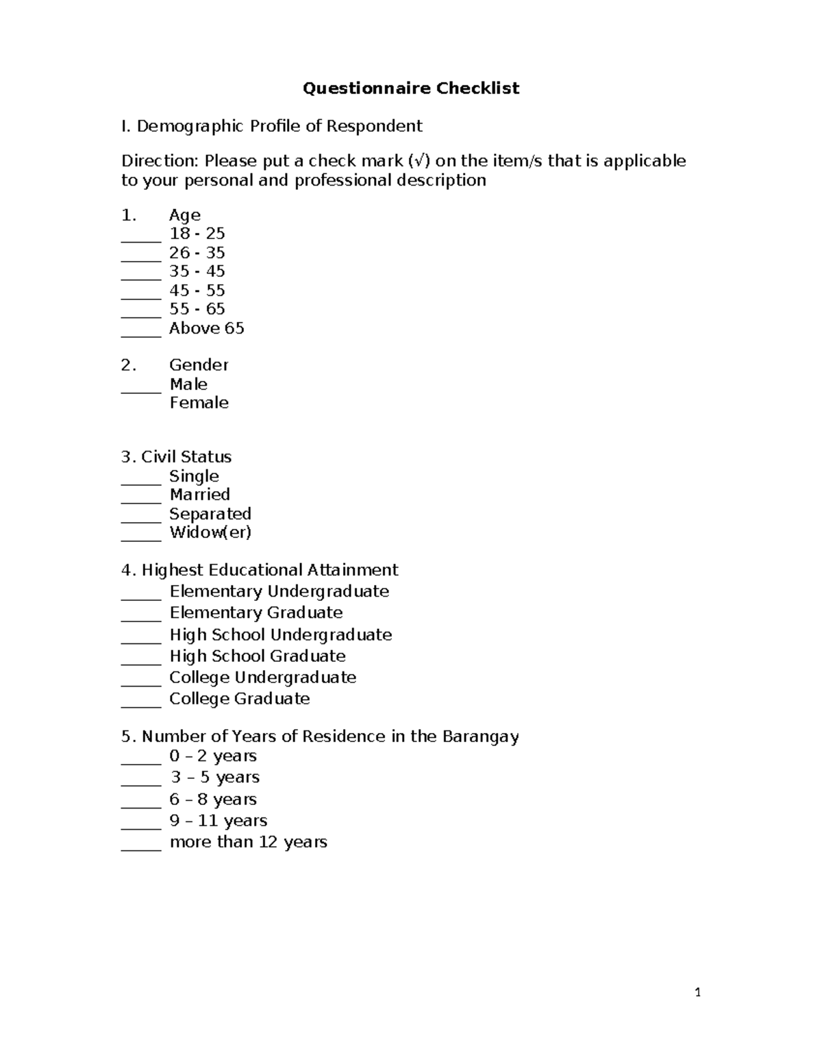Questionnaire-Checklist(BPOC) - Questionnaire Checklist I. Demographic ...