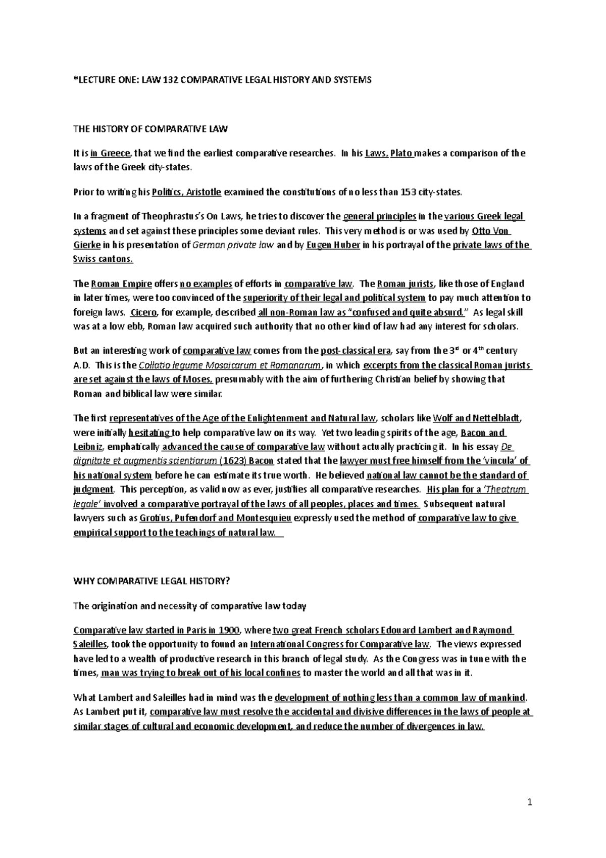 Lecture 1 LAW 132 Comparative Legal History AND Systems - *LECTURE ONE ...