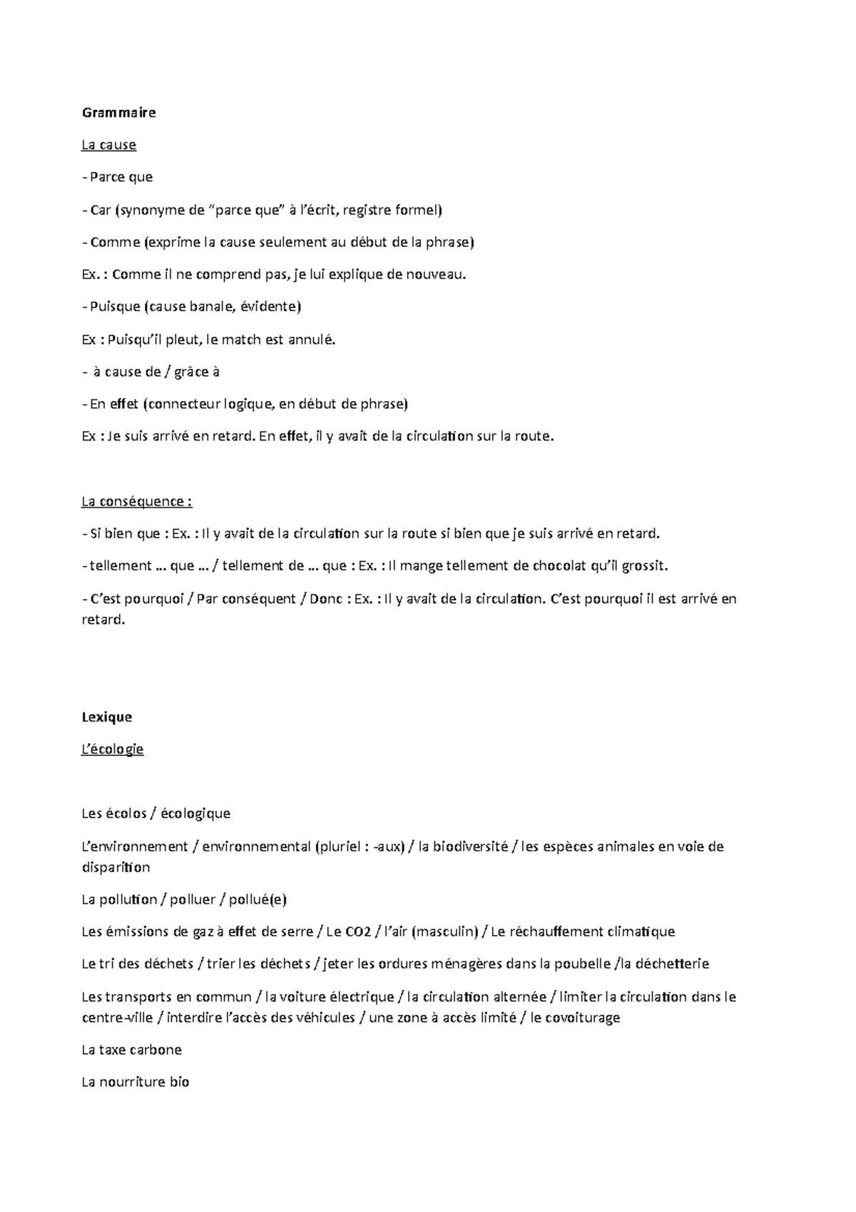 Fiche 2 - Appunti grammatica francese - Grammaire La cause Parce que ...