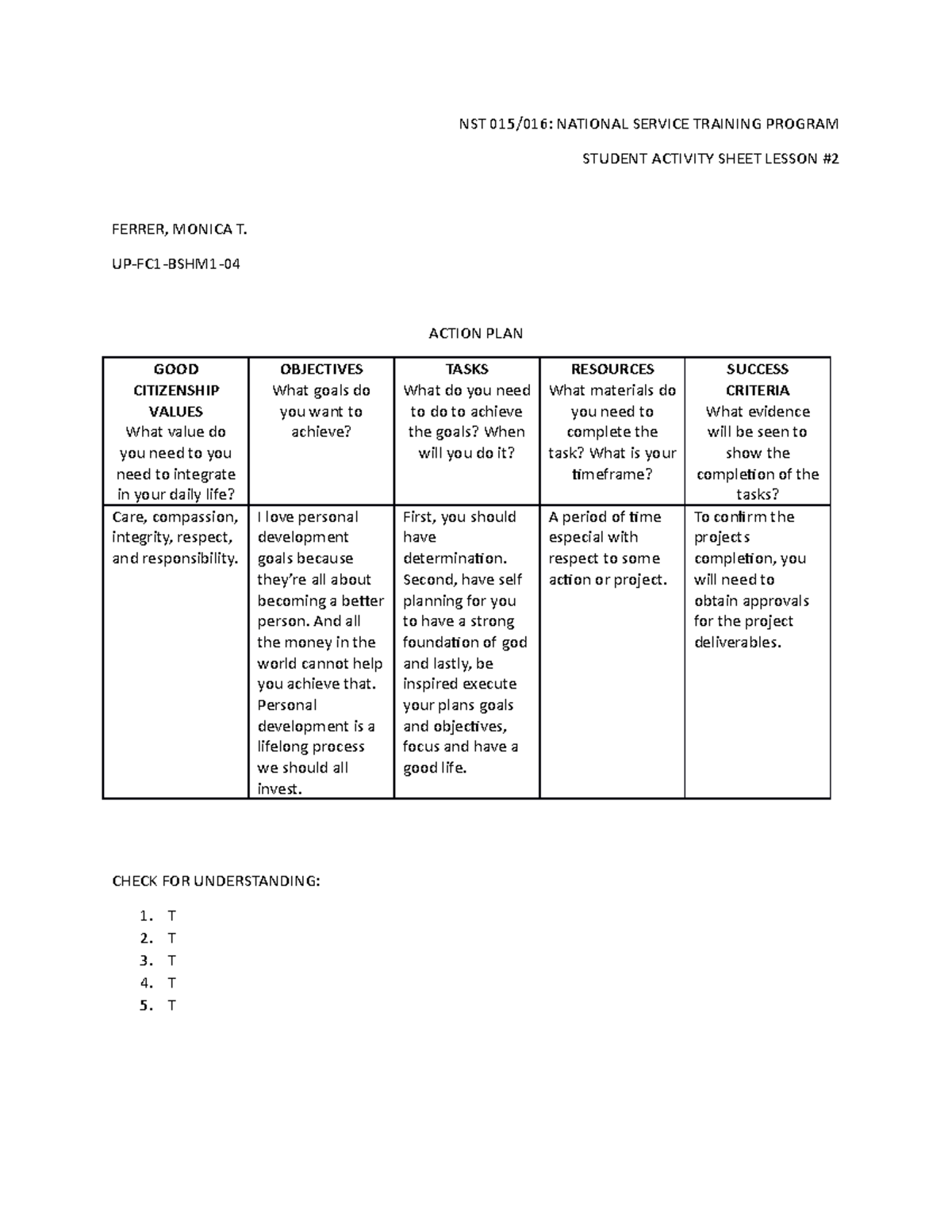 Monica T. Ferrer NSTP - 2022 - NST 015/016: NATIONAL SERVICE TRAINING ...