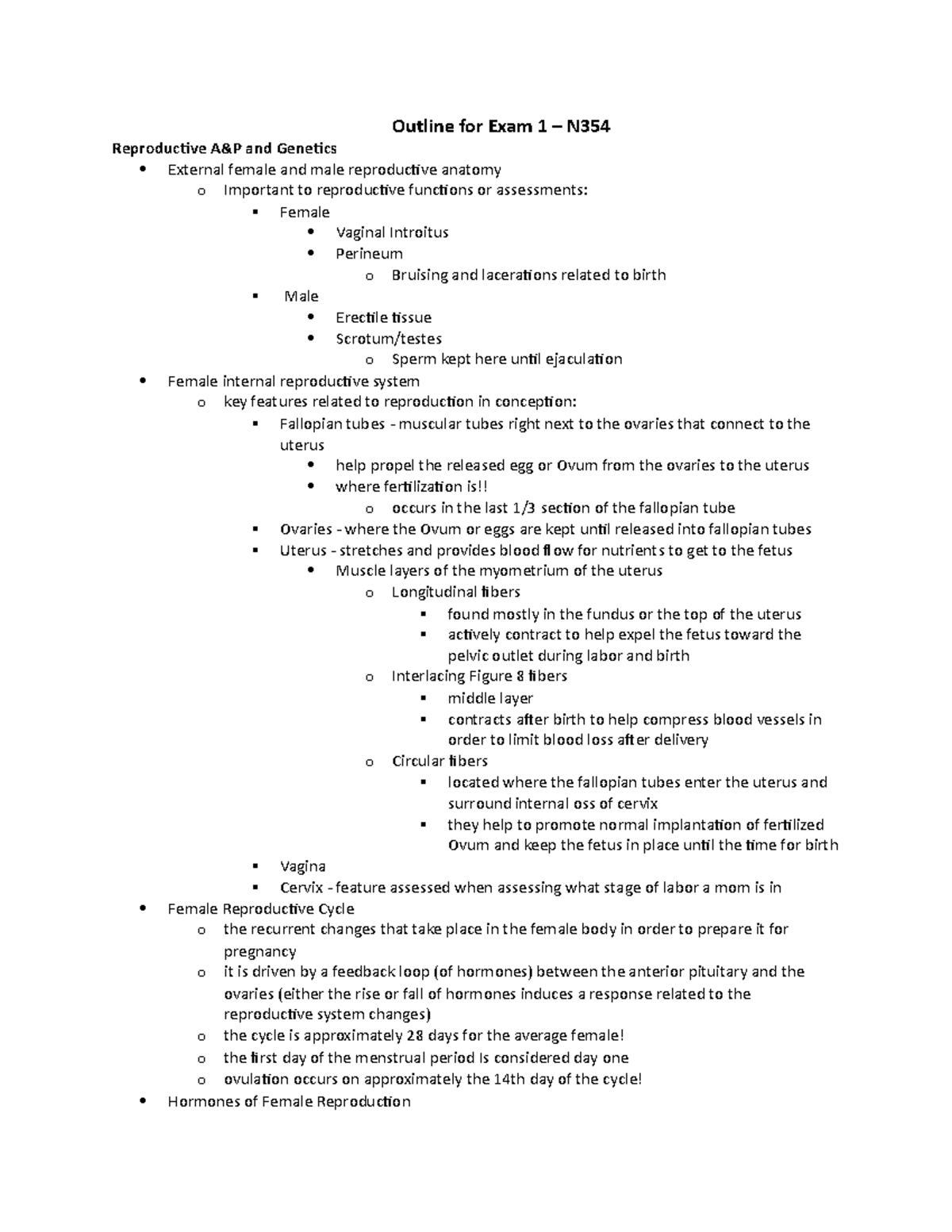 OB Exam 1 Outline - Outline for Exam 1 – N Reproductive A&P and ...