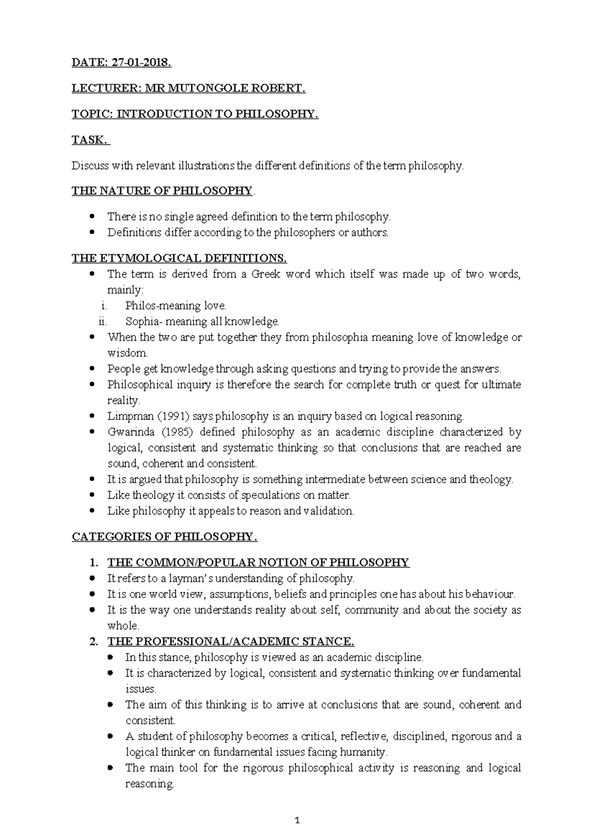 Philosophy OF Education Lecture Notes do - DATE: 27-01-2018. LECTURER ...