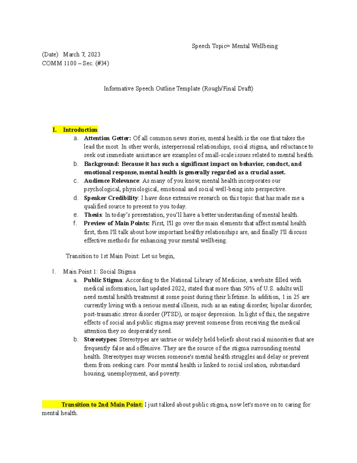 COMM 1100 Informative Speech Rough Draft - Speech Topic= Mental Wellbeing (Date) March 7, 2023 ...
