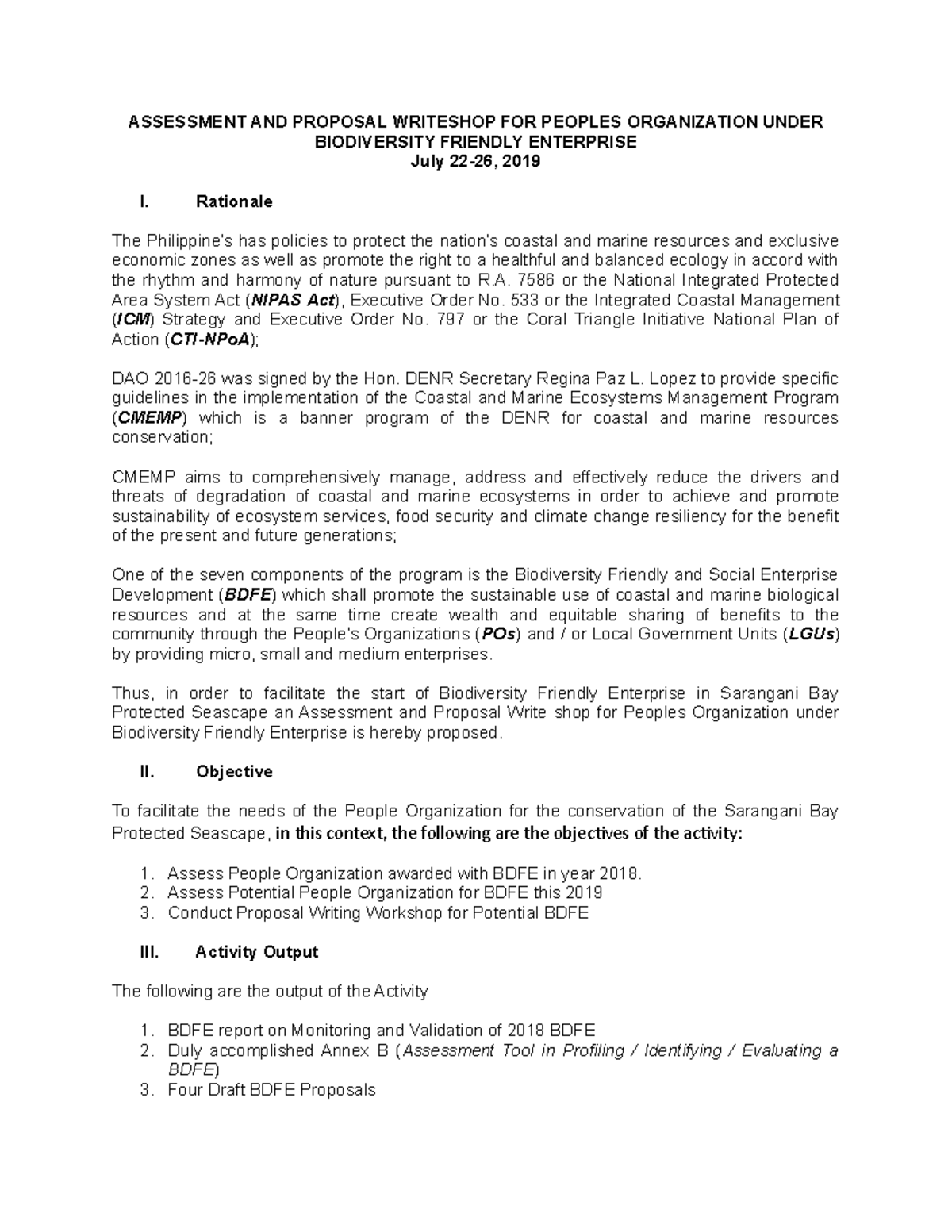 Assessment AND Proposal Writeshop FOR Peoples Organization Under ...