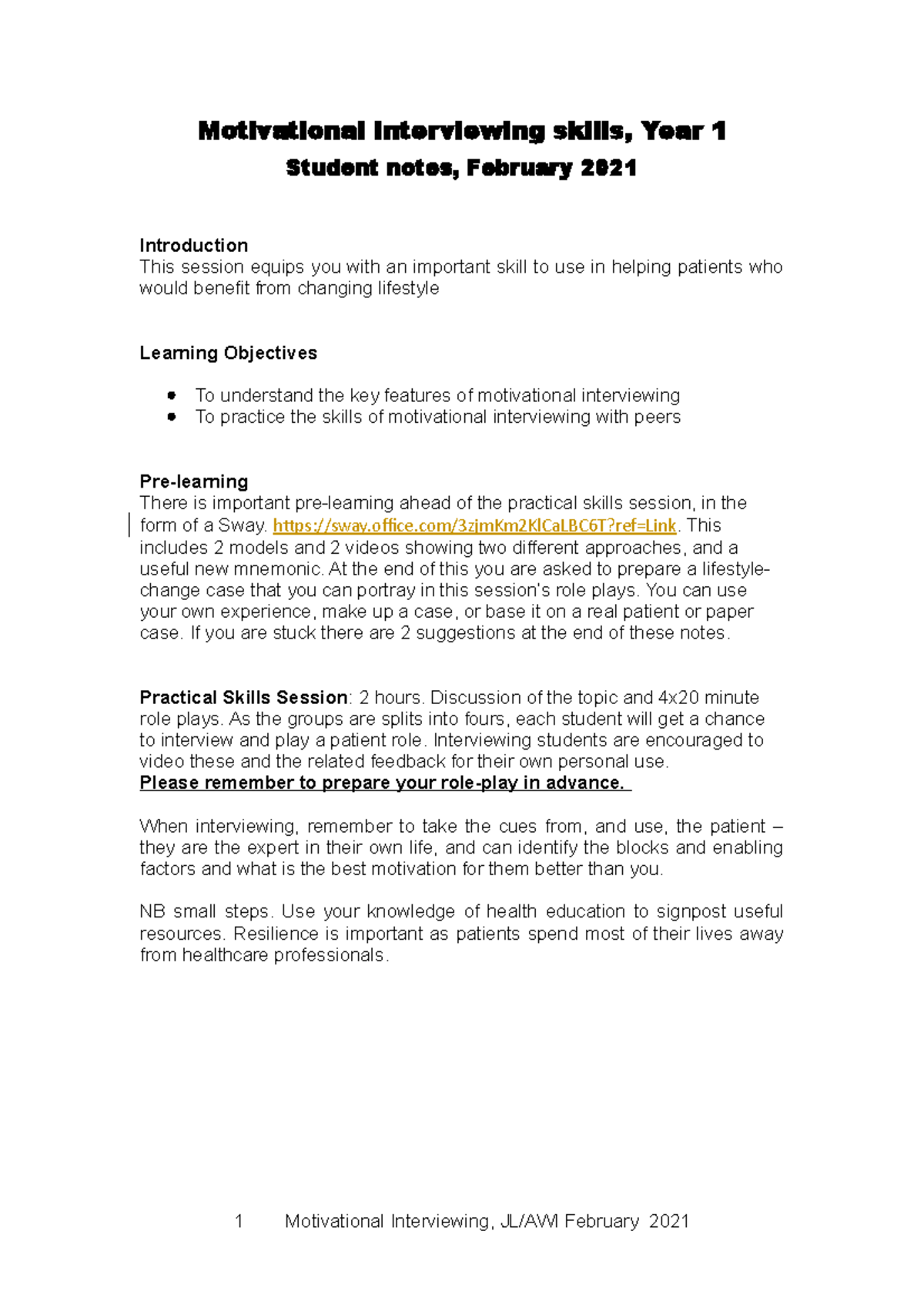 Student notes motivational interviewing - Motivational Interviewing ...
