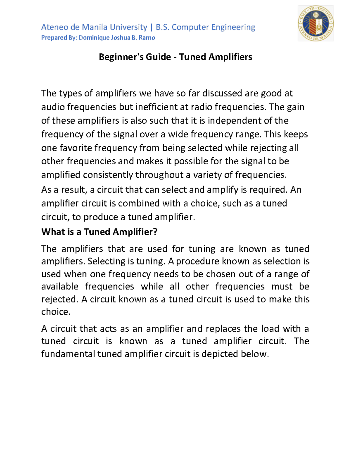 Beginner's Guide - Tuned Amplifiers - Prepared By: Dominique Joshua B. Ramo Beginner's Guide ...