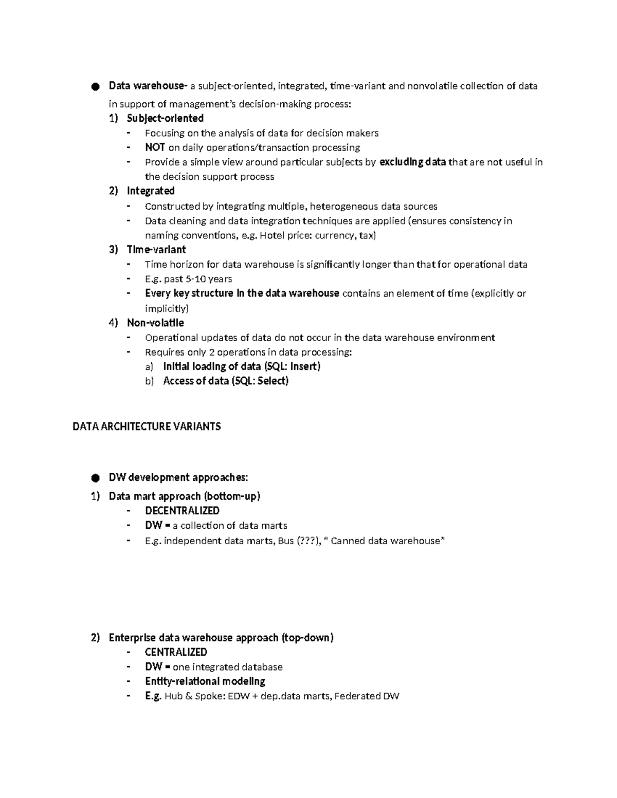 Lecture-2-DSS - notes - Data warehouse- a subject-oriented, integrated ...