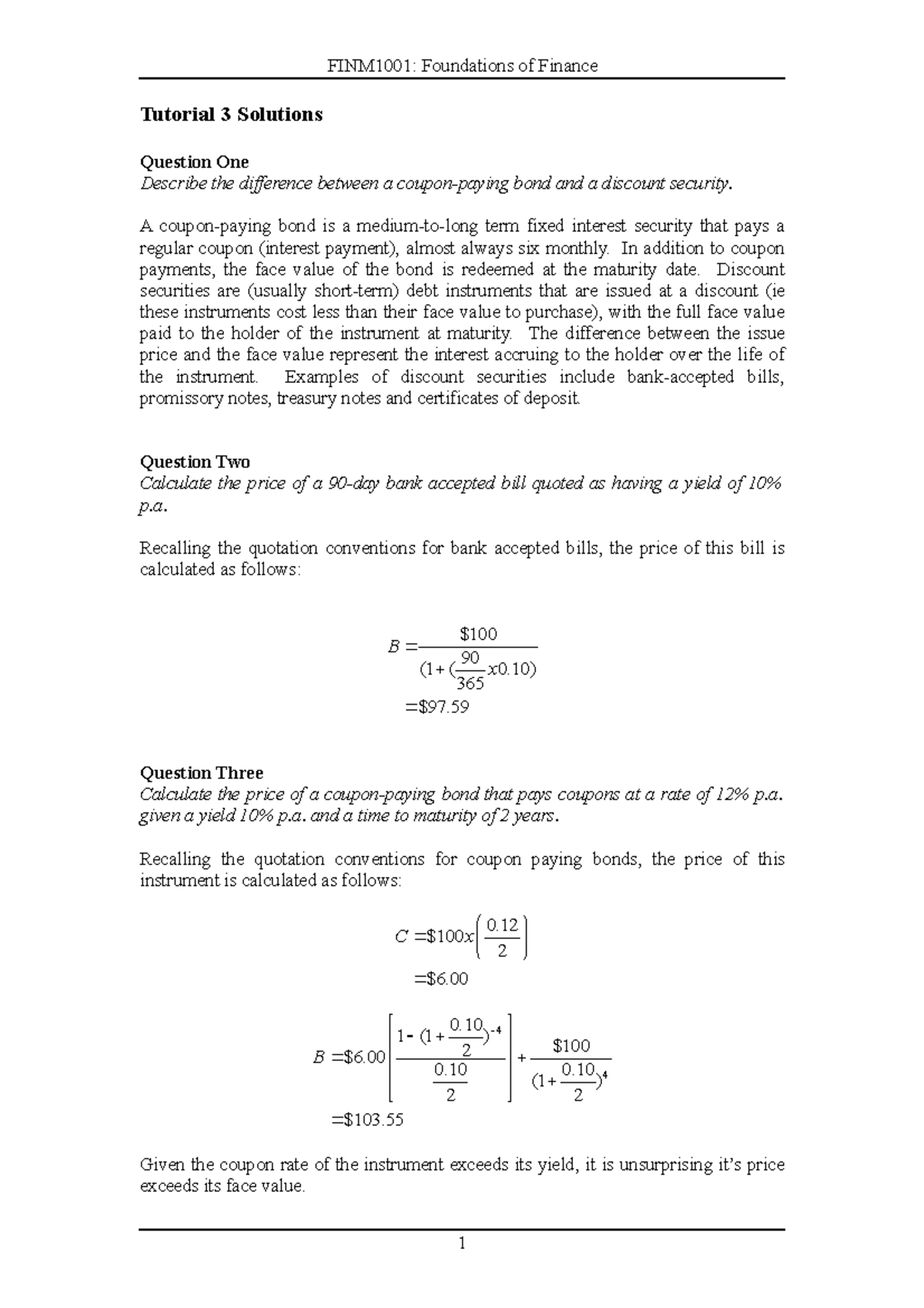 Tutorial 3 Solutions - FINM1001: Foundations of Finance Tutorial 3 ...