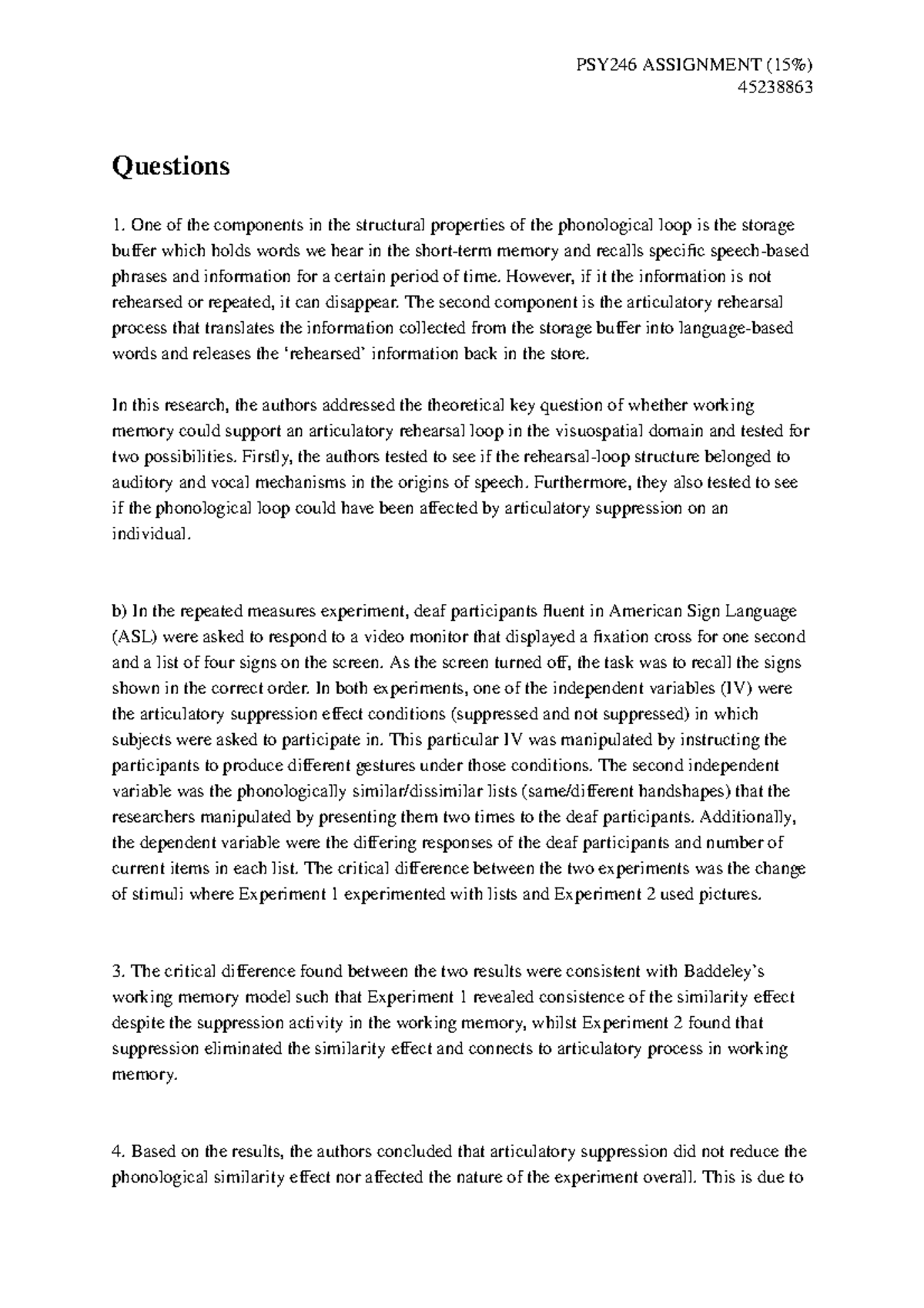 Mei Chew 45238863 PSY246 - PSY246 ASSIGNMENT (15%) 45238863 Questions ...