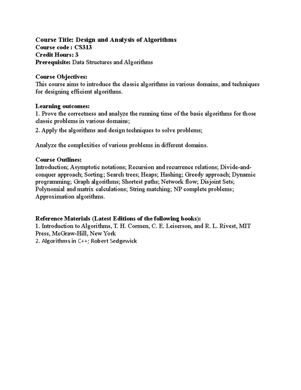 Course contents - Tariq Usman - Course Title: Design and Analysis of Algorithms Course code : CS ...