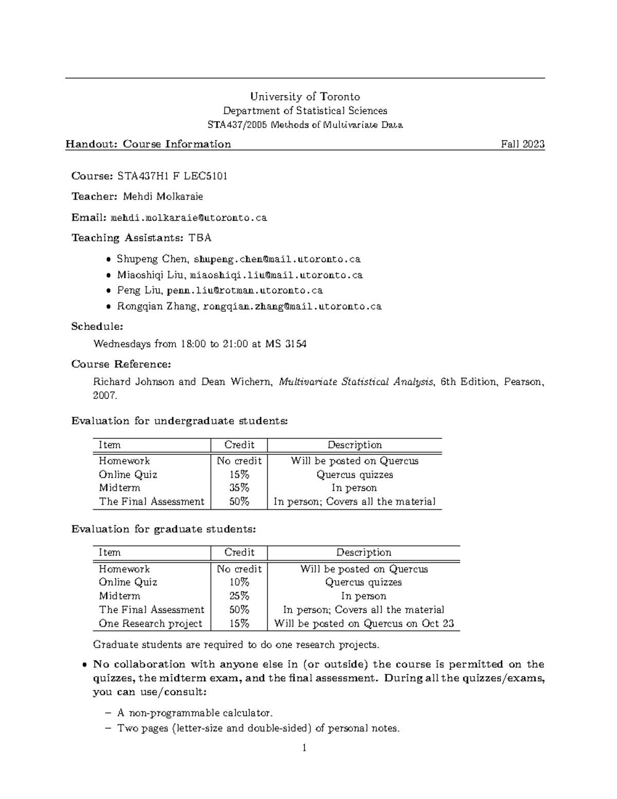 Course Info STA 437L5101Fall2023 - University of Toronto Department of Statistical Sciences ...