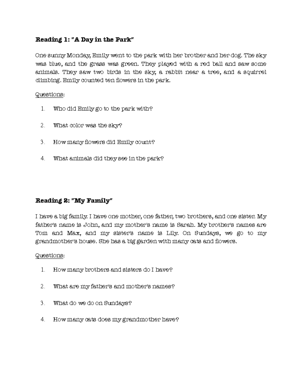 Reading - english - Reading 1: "A Day in the Park" One sunny Monday ...