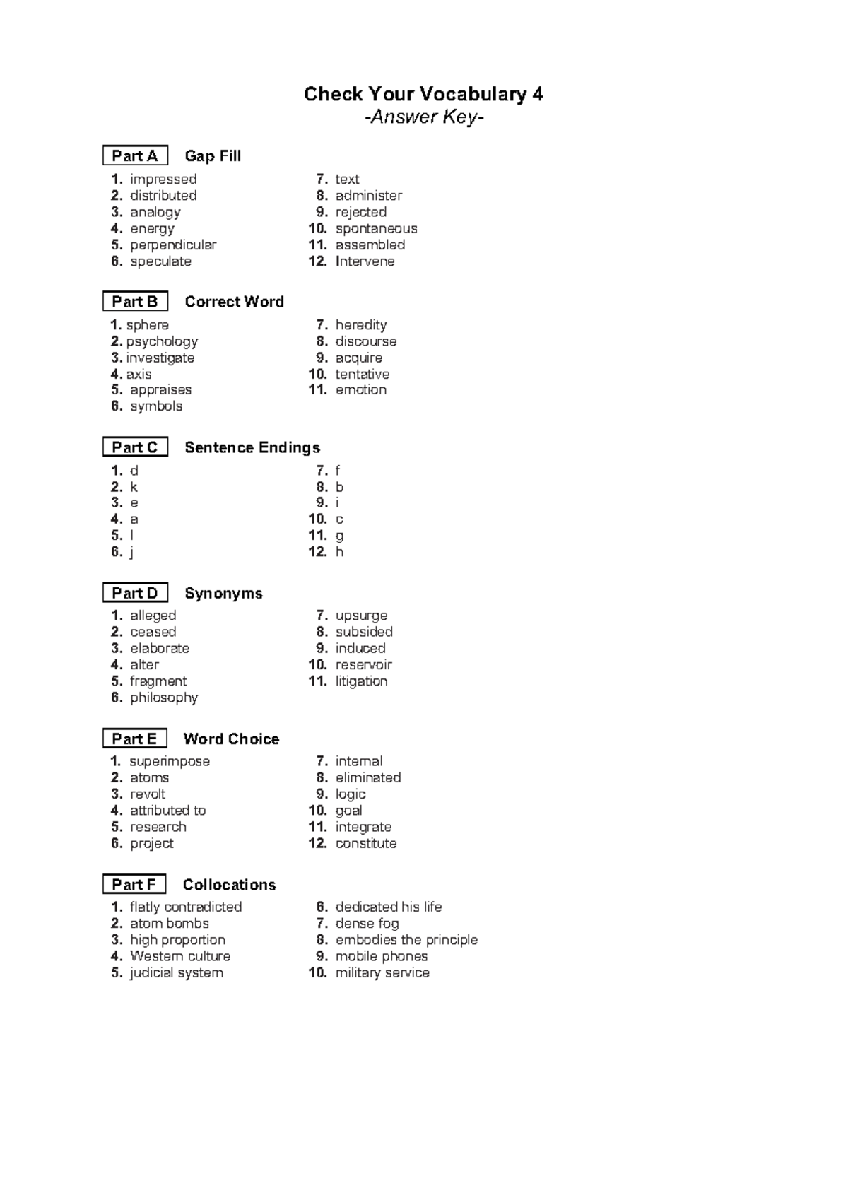 Check Your Vocabulary 4 [Ans. Key] - Check Your Vocabulary 4 -Answer ...