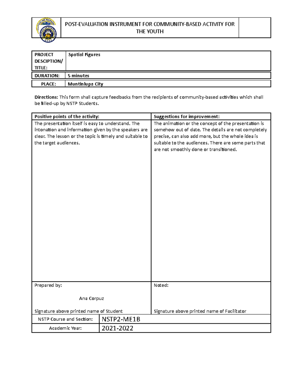 Post Project Evaluation PPE1 2021-2022 - POST-EVALUATION INSTRUMENT FOR ...
