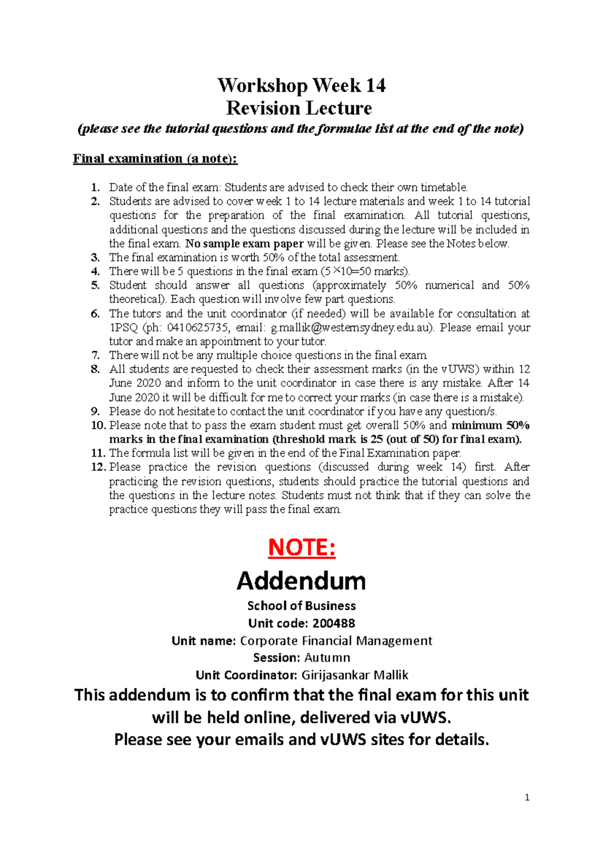 Workshop 14 (Revision)Autumn 2020 - Workshop Week 14 Revision Lecture ...