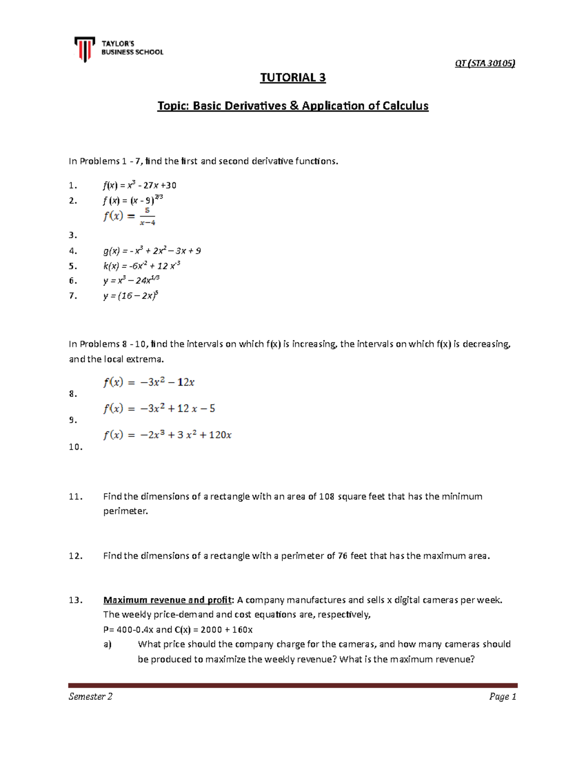 Tutorial 3 Que - QT ( STA 30105 ) TUTORIAL 3 Topic: Basic Derivatives & Application of Calculus ...
