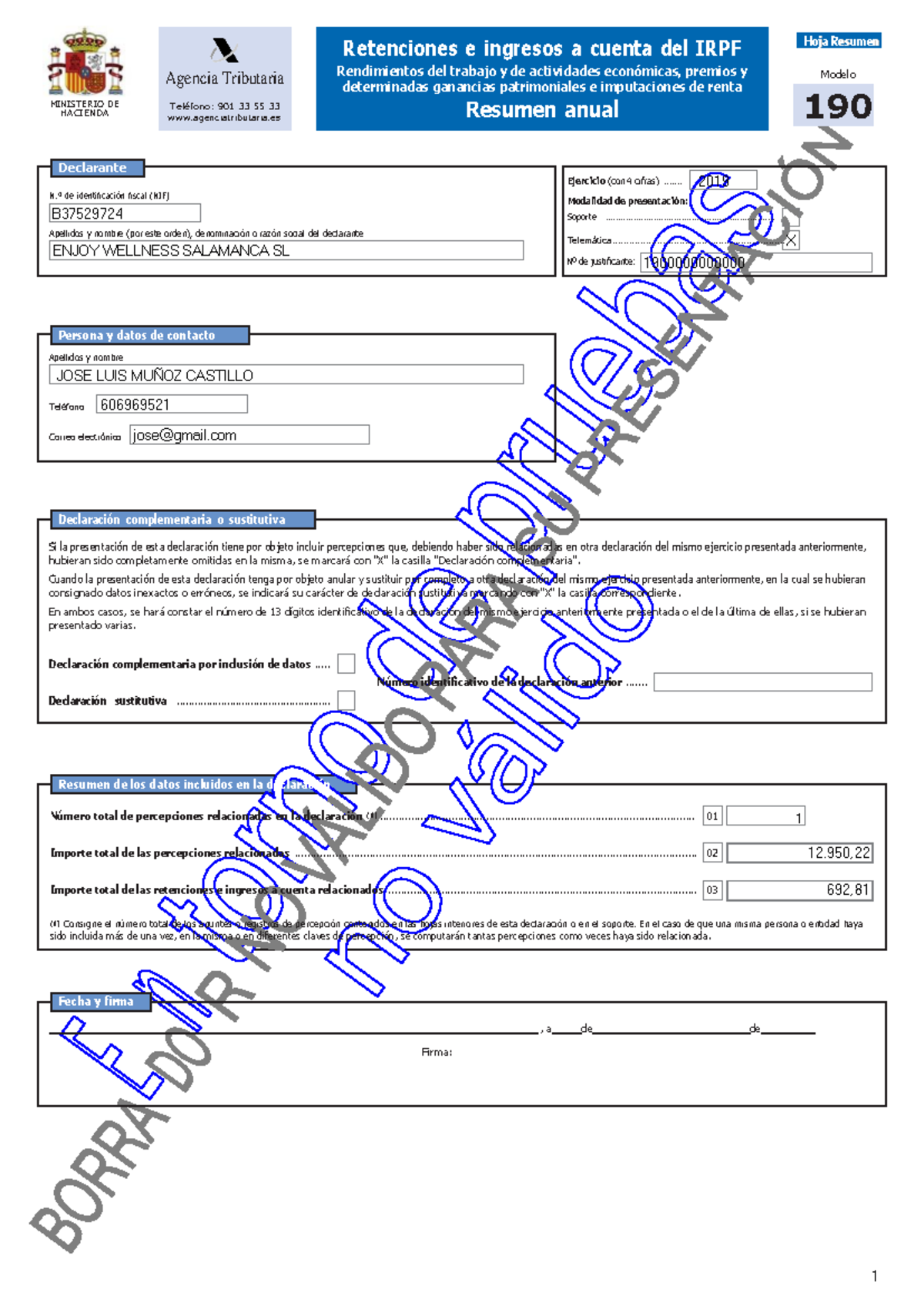 Modelo 190- Resumen Anual Retenciones ( Modelo 111) AÑO 2019 - 1 Retenciones e ingresos a cuenta ...