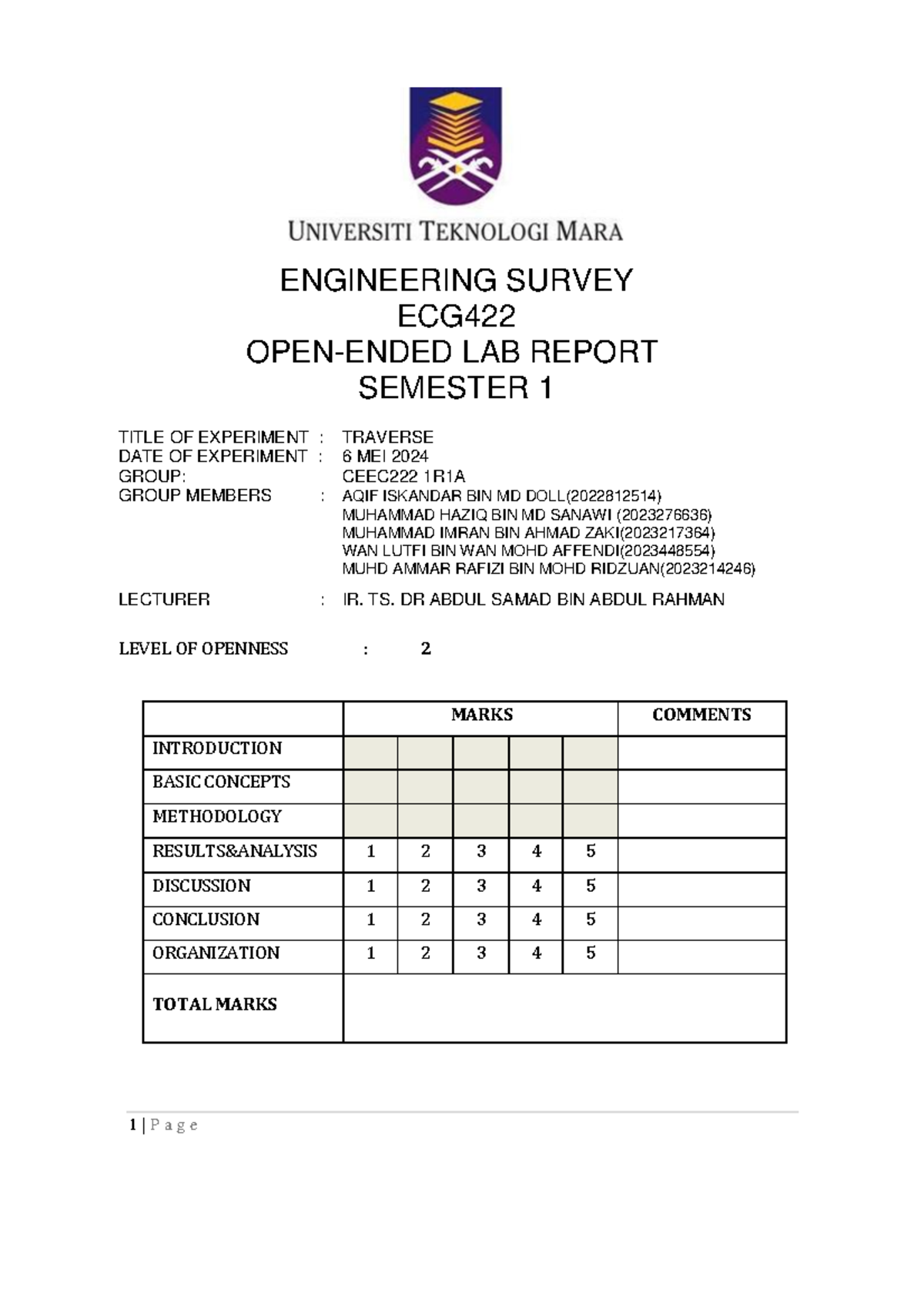 Traverse - LAB REPORT - ENGINEERING SURVEY ECG OPEN-ENDED LAB REPORT ...