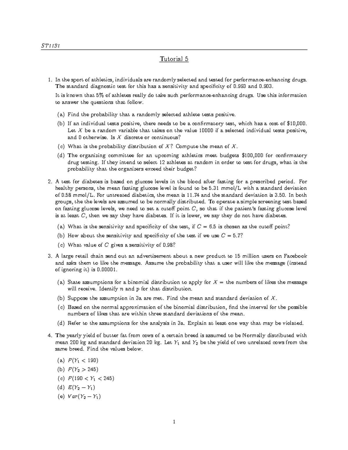 Tutorial 05 qn - ST Tutorial 5 In the sport of athletics, individuals ...