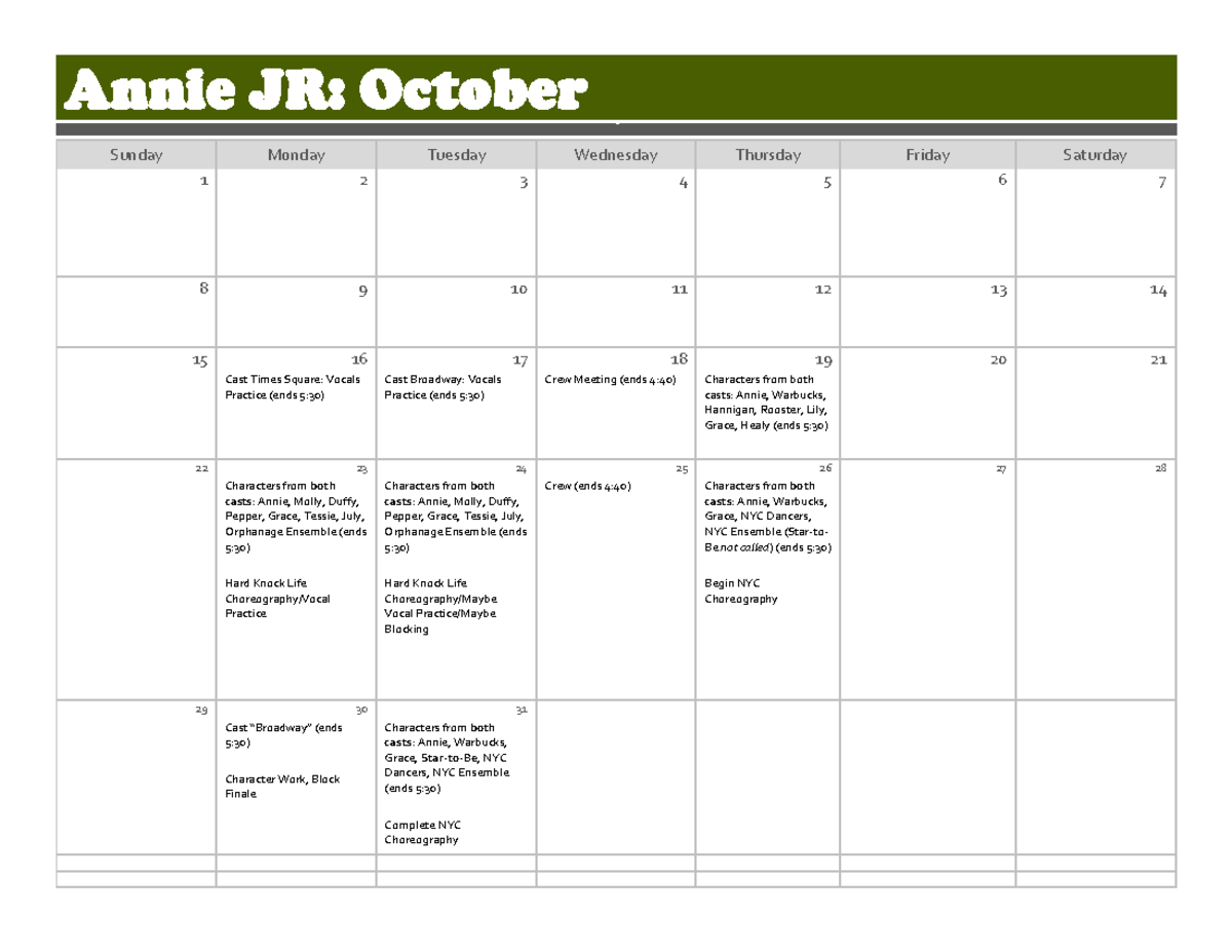 Annie Rehearsal Calendar October through November 2023 - Annie JR ...