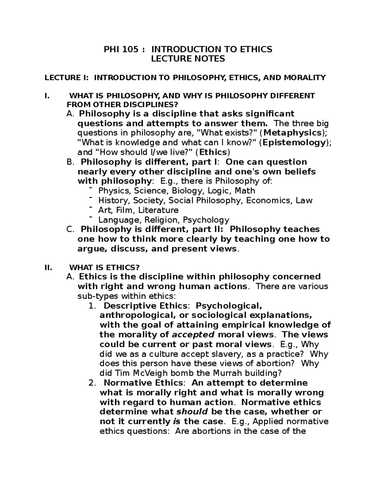 PHI 105 Introduction TO Ethics Lecture N - PHI 105 : INTRODUCTION TO ...