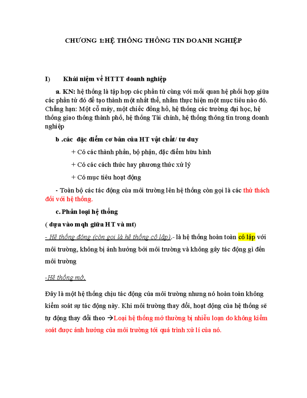 đề cương TƯD - CHƯƠNG 1:HỆ THỐNG THÔNG TIN DOANH NGHIỆP I) Khái niệm về ...