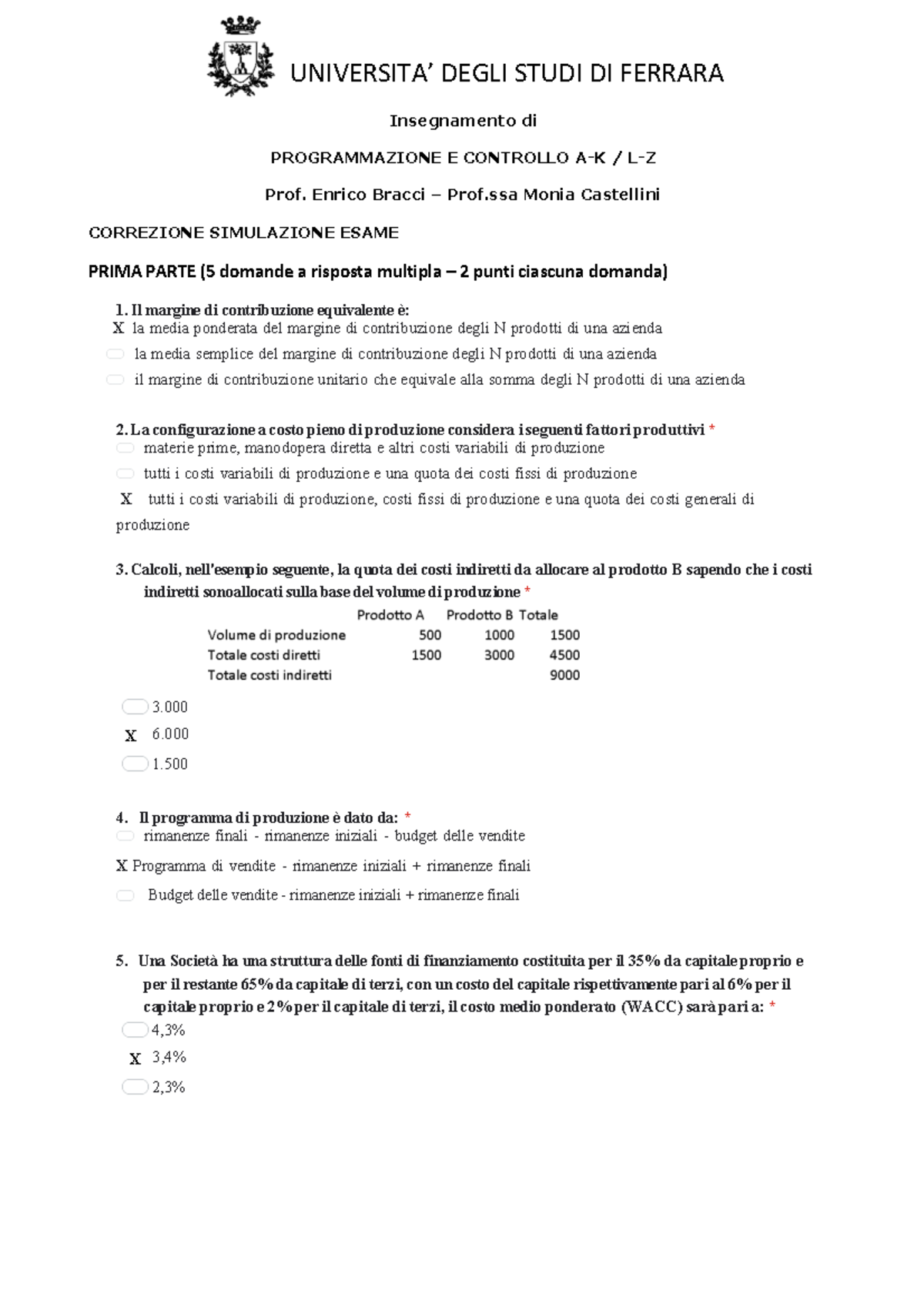 Fac simile esame PEC soluzione - UNIVERSITA’ DEGLI STUDI DI FERRARA ...