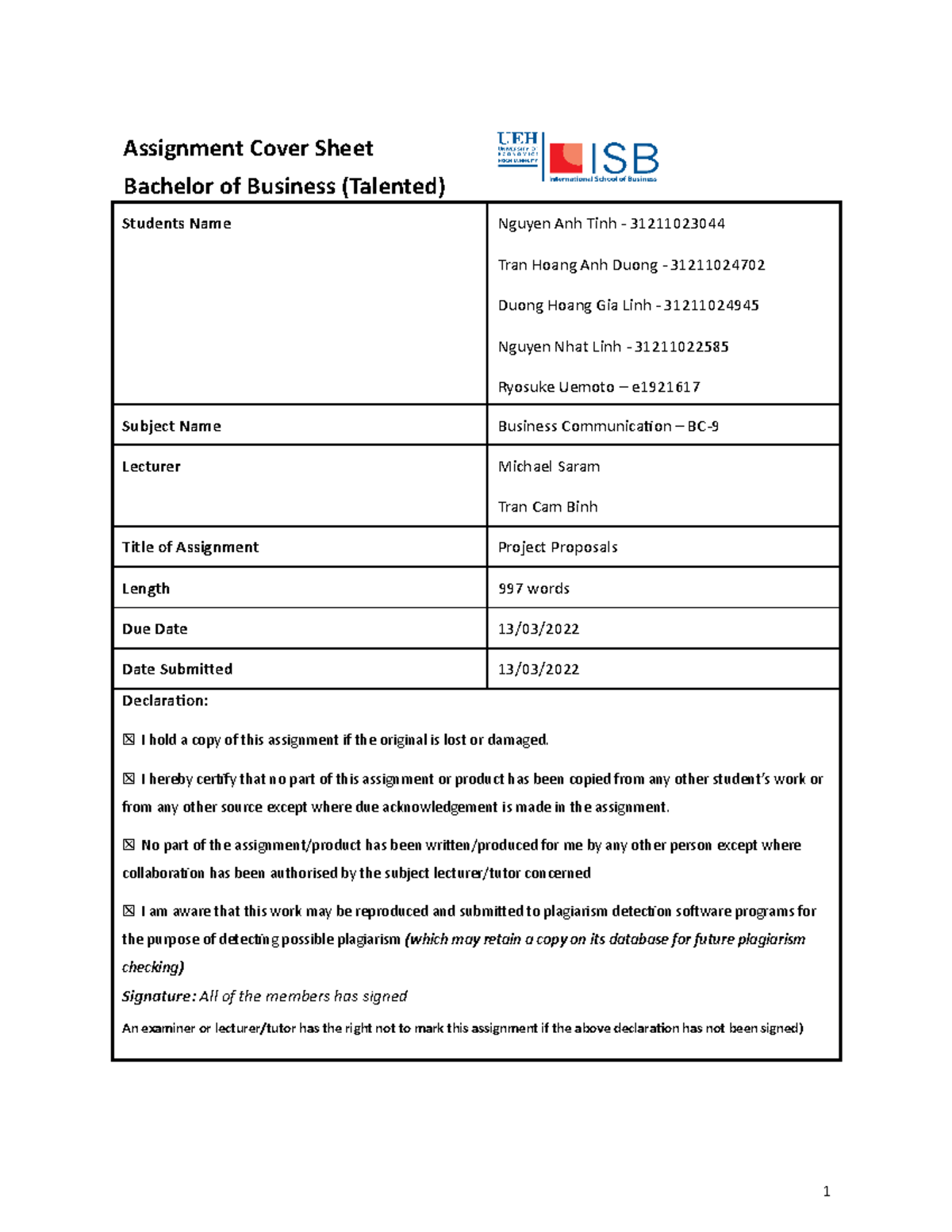 A3 Group-1 BC-DH47ISB-9 - 1 Assignment Cover Sheet Bachelor of Business ...