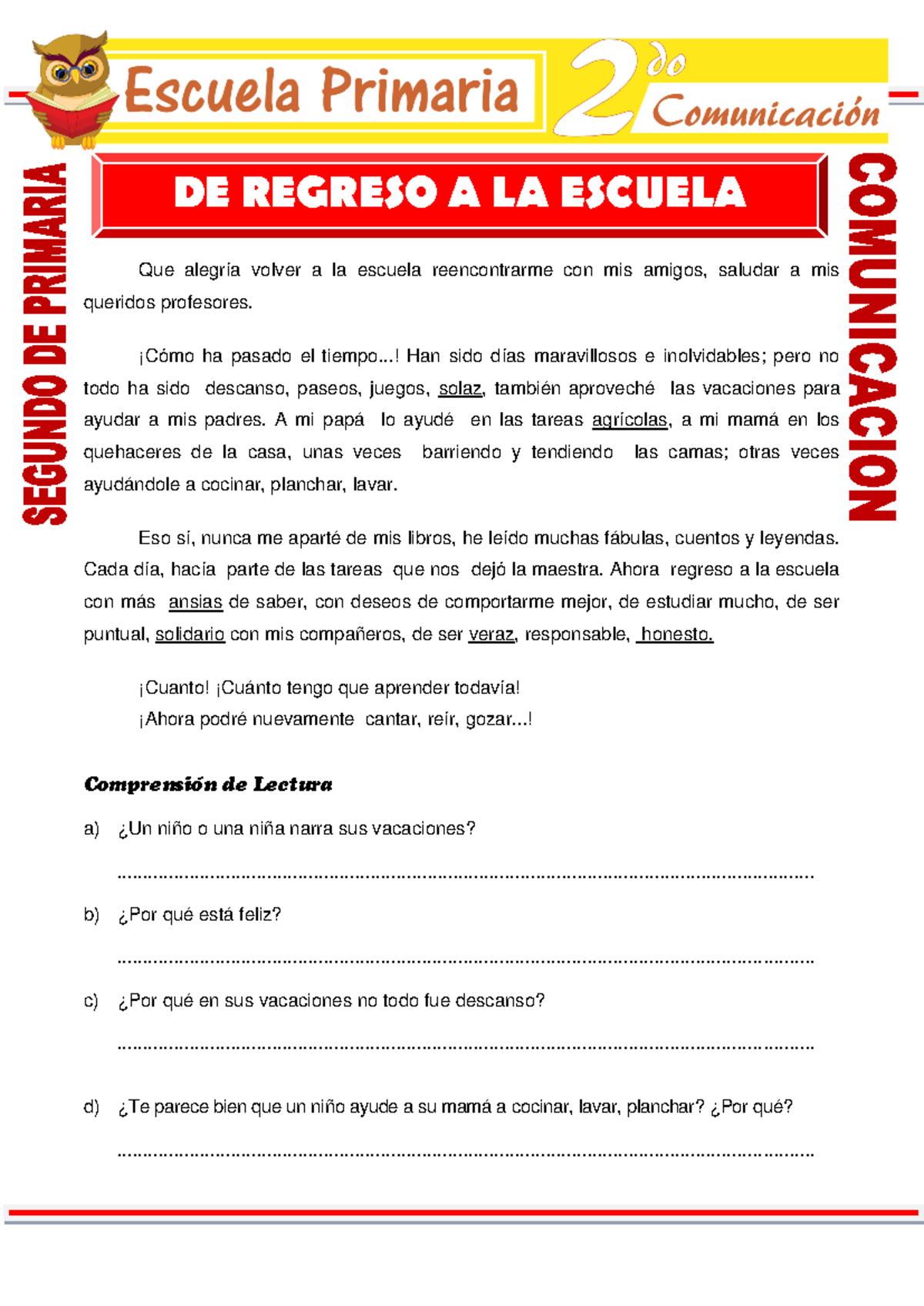De Regreso a La Escuela para Segundo de Primaria - EscuelaPrimaria ...