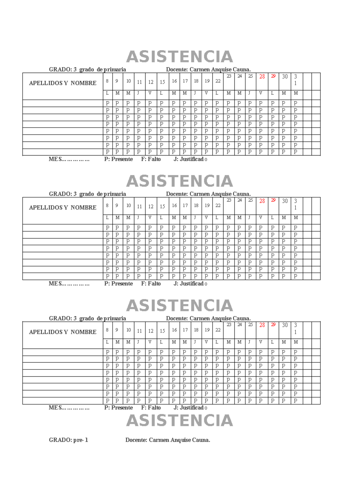 Asistencia JAE 1RO P - ASISTENCIA GRADO: 3 grado de primaria Docente ...