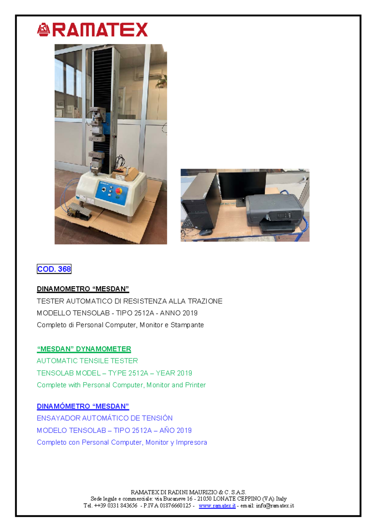 Dinamómetro textil - RAMATEX DI RADINI MAURIZIO & C. S.A. Sede legale e ...