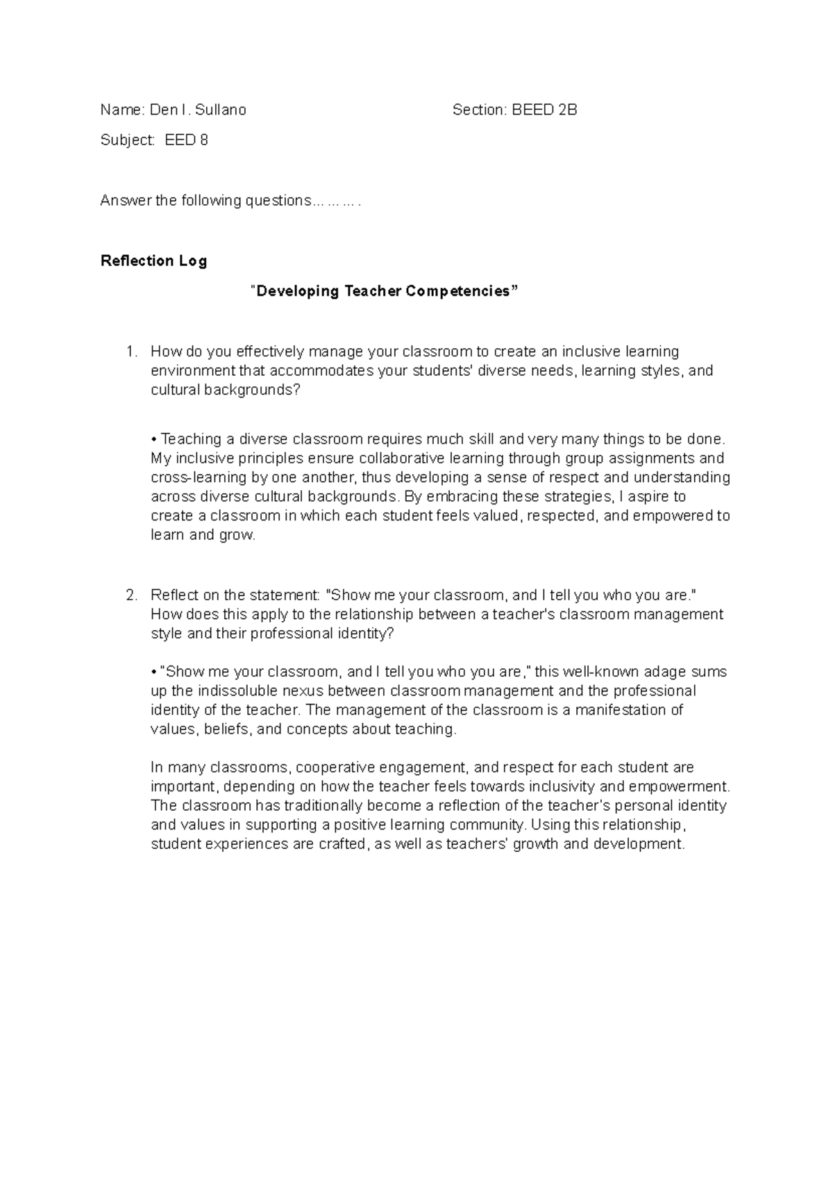 Week 8 Sullano Reflective Journal - Name: Den I. Sullano Section: BEED ...