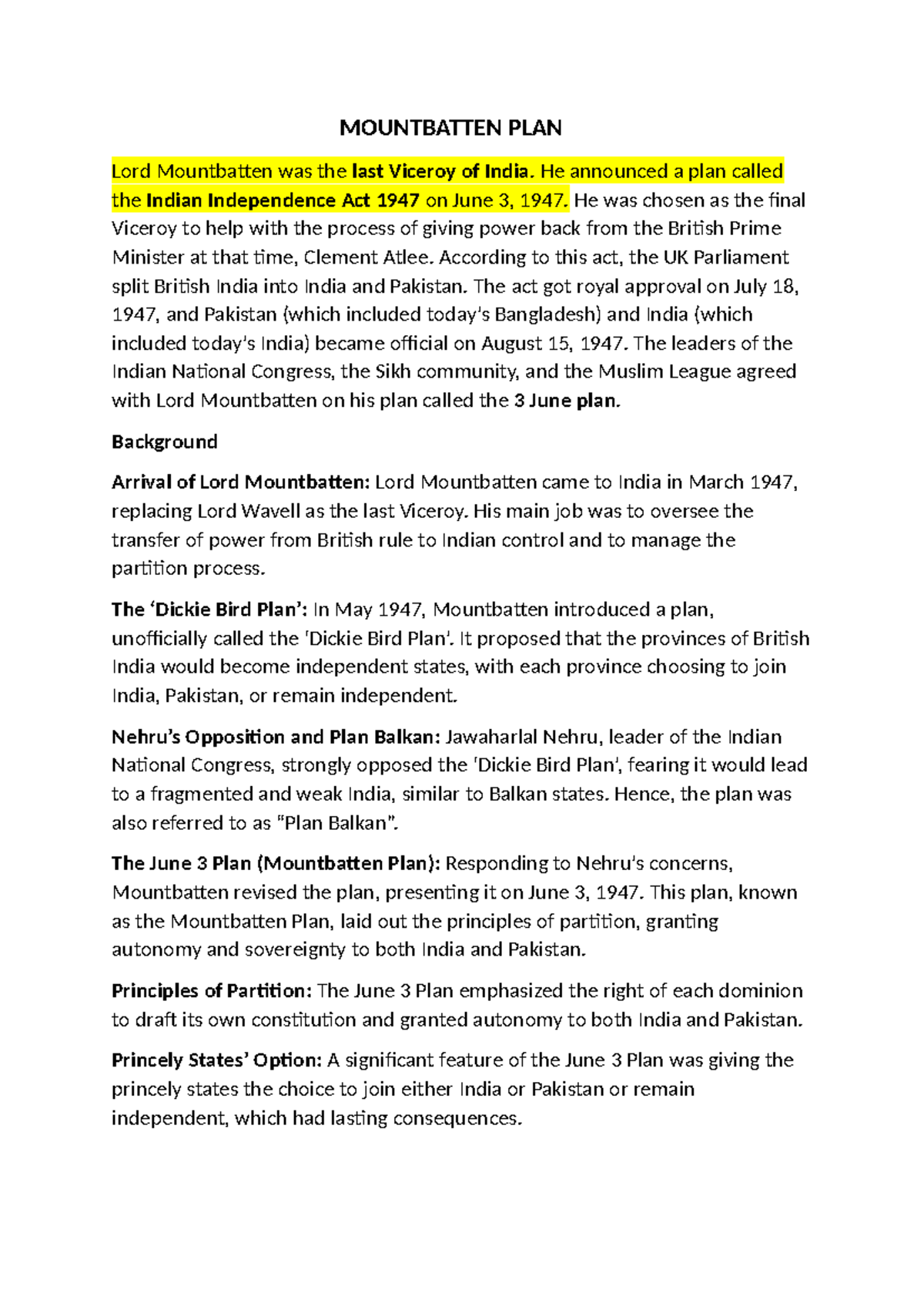 Mountbatten PLAN - good notes - MOUNTBATTEN PLAN Lord Mountbatten was ...