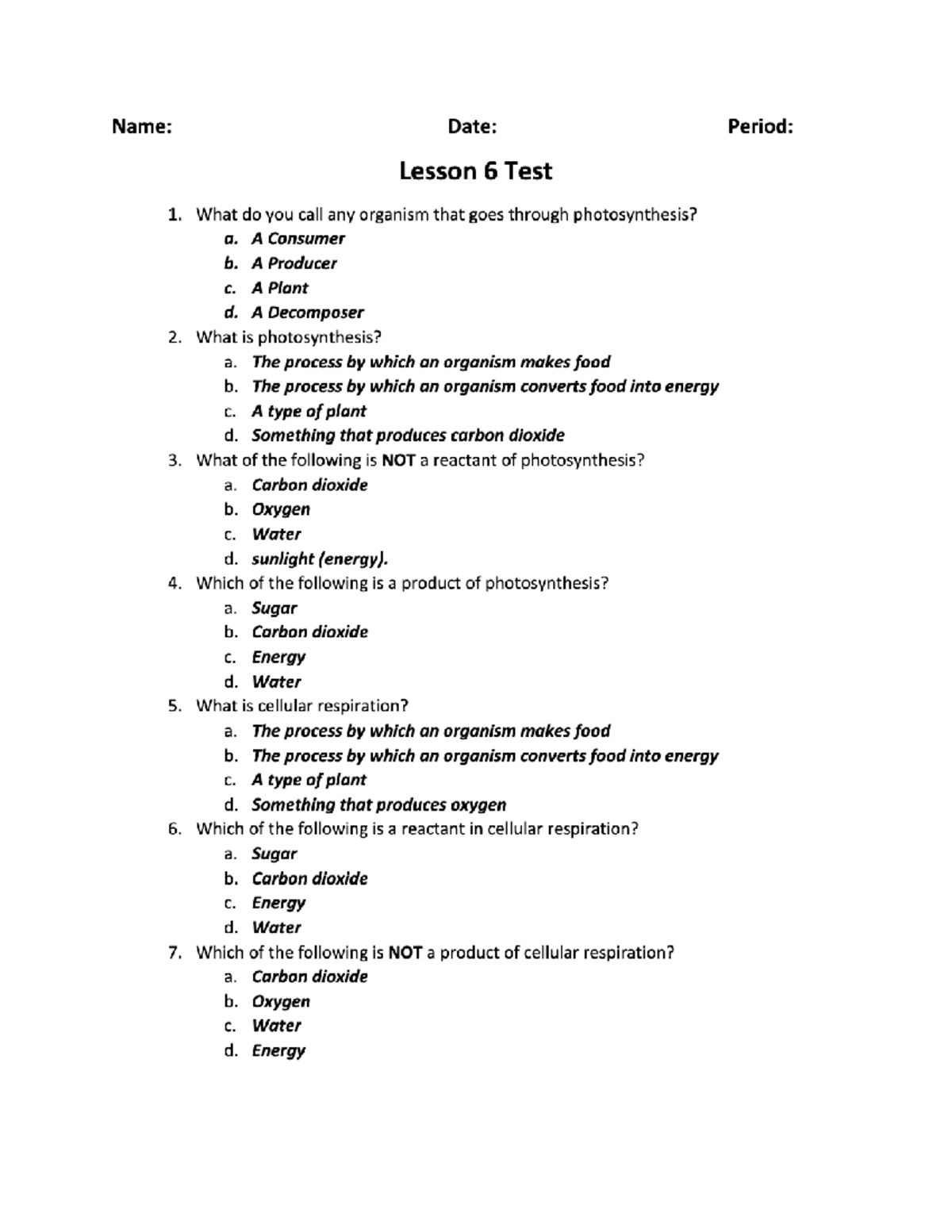 7th Grade Photosynthesis and Cellular Respiration Test - Agroindustria ...