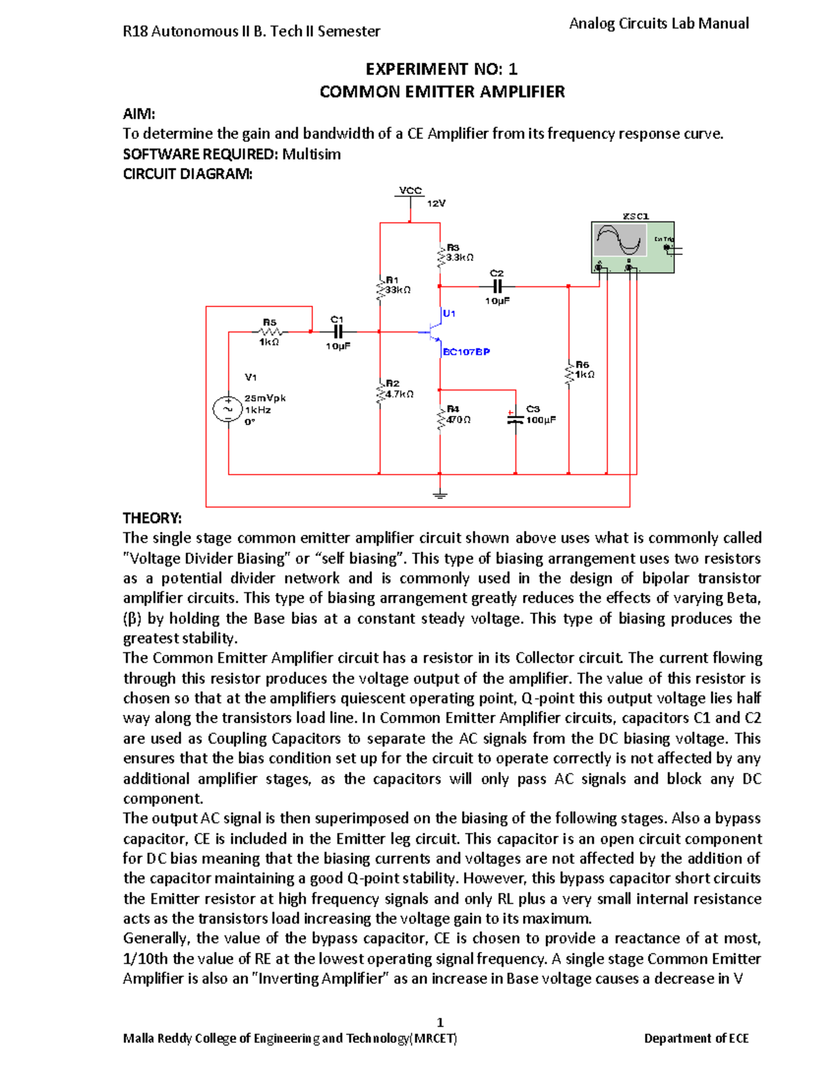 R-20 Analog Circuits LAB-8 - R18 Autonomous II B. Tech II Semester Analog Circuits Lab Manual 1 ...