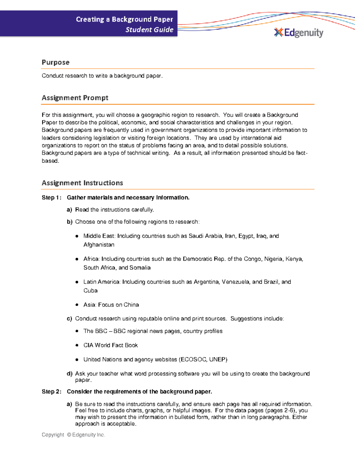 Student Guide Background Paper - Copyright © Edgenuity Inc. Creating a ...