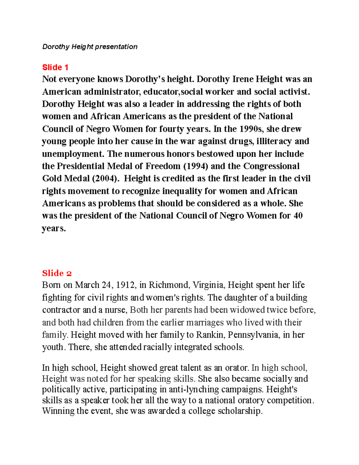 Dorothy Height presentation - Dorothy Height presentation Slide 1 Not ...