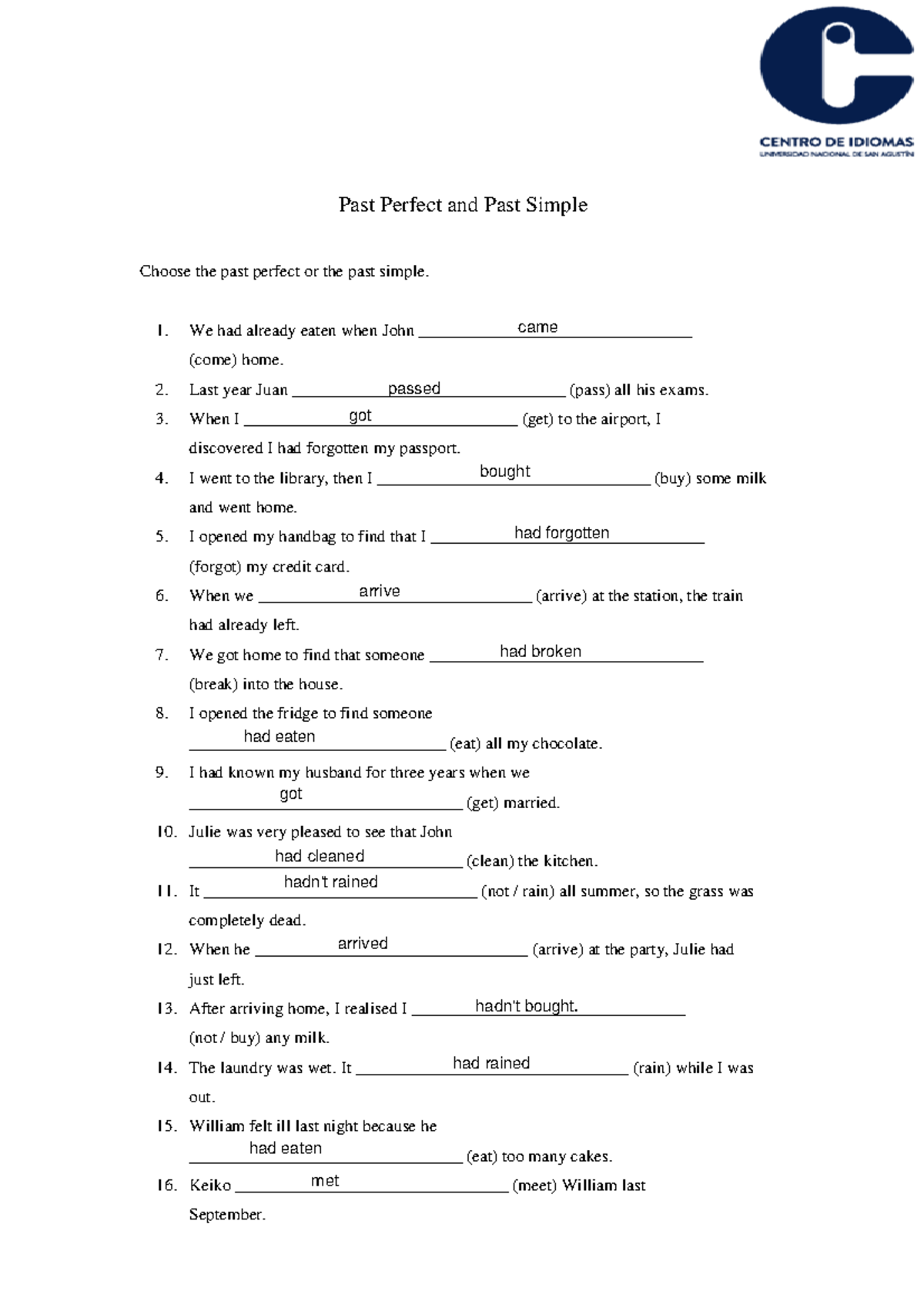 Simple PAST OR PAST Perfect 01 - Past Perfect and Past Simple Choose ...