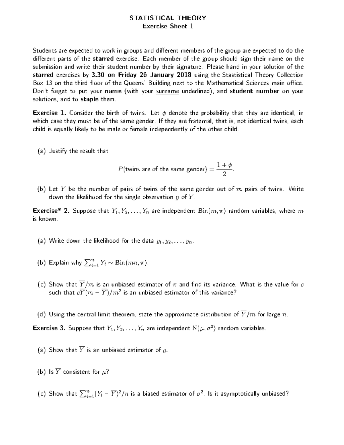 STATISTICAL THEORY Exercise Sheet 1 - Studocu