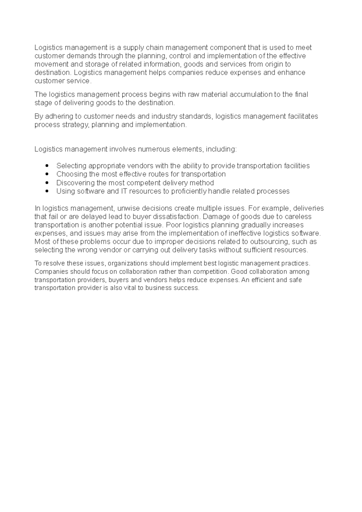 Logistics management - introduction - Logistics management is a supply ...