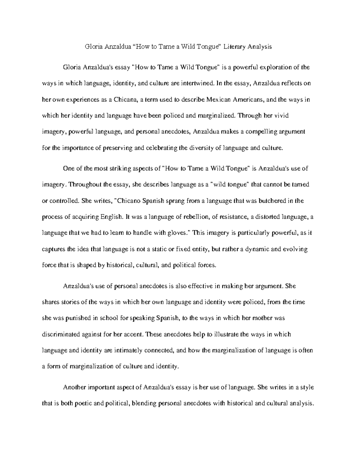 Gloria Anzaldua “How to Tame a Wild Tongue” Literary Analysis - In the ...