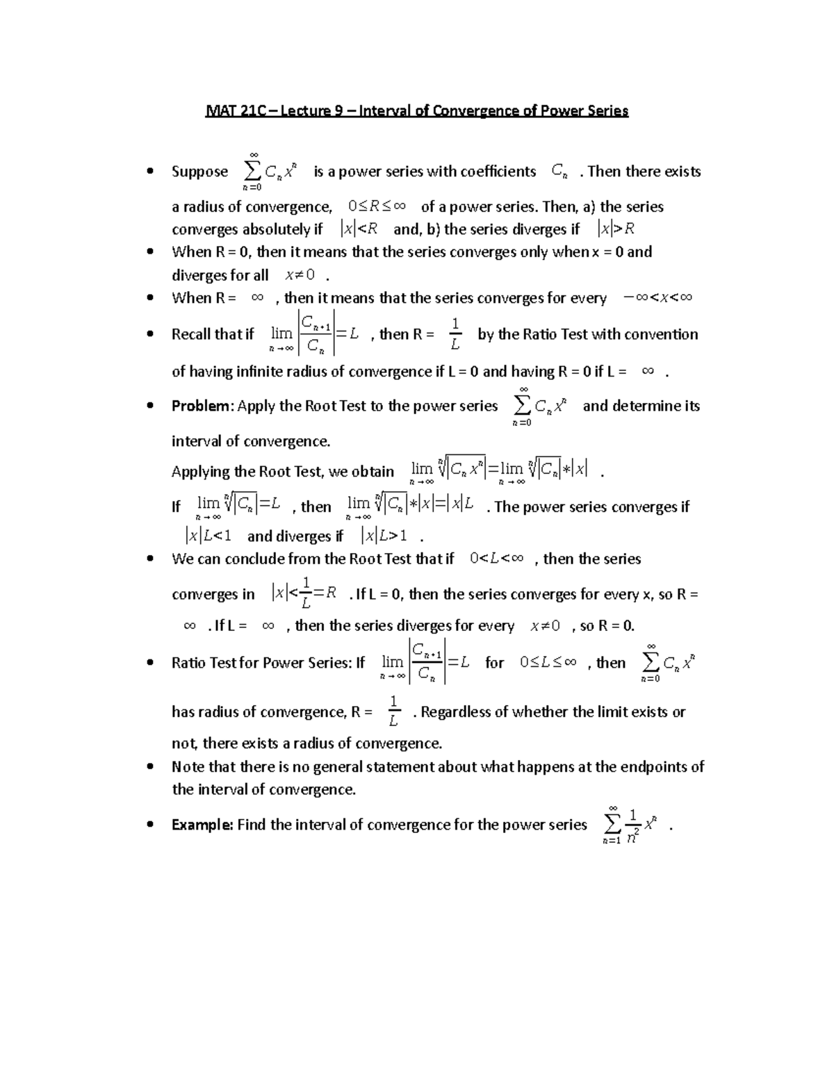Mat 21c Lecture 9 Interval Of Convergence Of Power Series Mat 21c Lecture 9 Interval