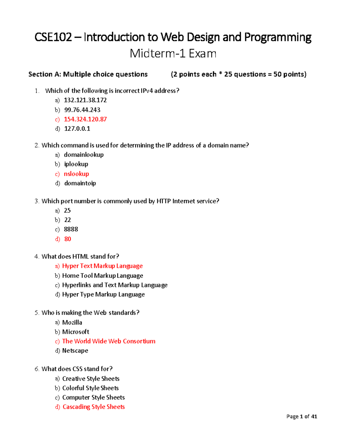 Web Exams - CSE102 – Introduction to Web Design and Programming Midterm-1 Exam Section A ...