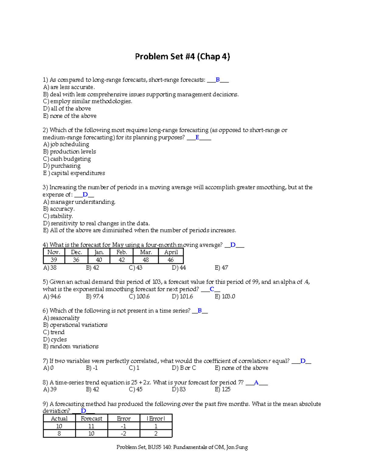 Copy of Prob Set 4 Chap 4 Answers - Problem Set #4 (Chap 4) As compared to long-range forecasts ...