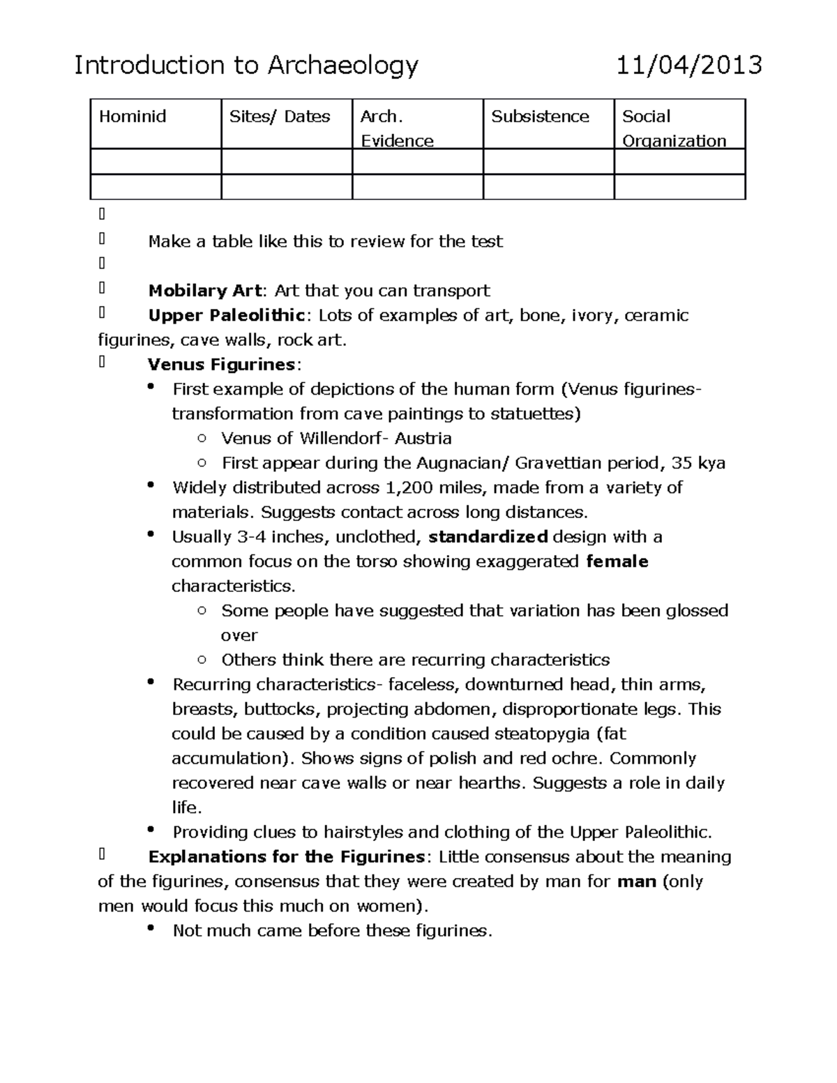 Week 11 - Lecture notes 30-32 - Introduction to Archaeology Hominid ...